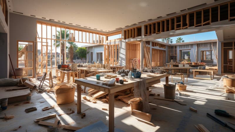 Interior of Spacious Building Construction of Frame House Under Construction Stock Illustration ...