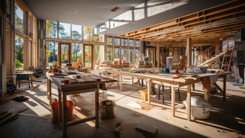 Interior of Spacious Building Construction of Frame House Under ...