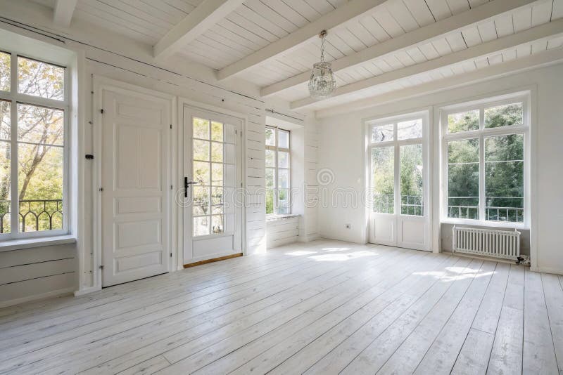 Interior of Spacious Empty Living Room with Whitewash Walls Stock ...