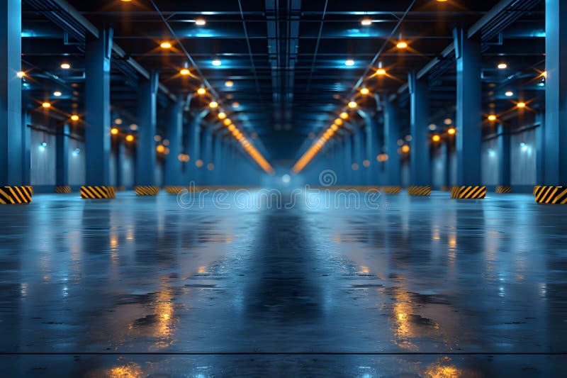 Futuristic Industrial Warehouse with Reflective Floor and Dramatic ...