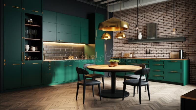 Interior of Spacious Kitchen in a Loft Style, in Dark Tones and Fiery ...