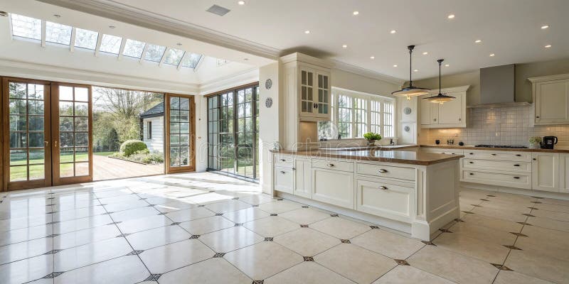 Interior of Spacious Kitchen with White Counter and Cabinets in Modern ...