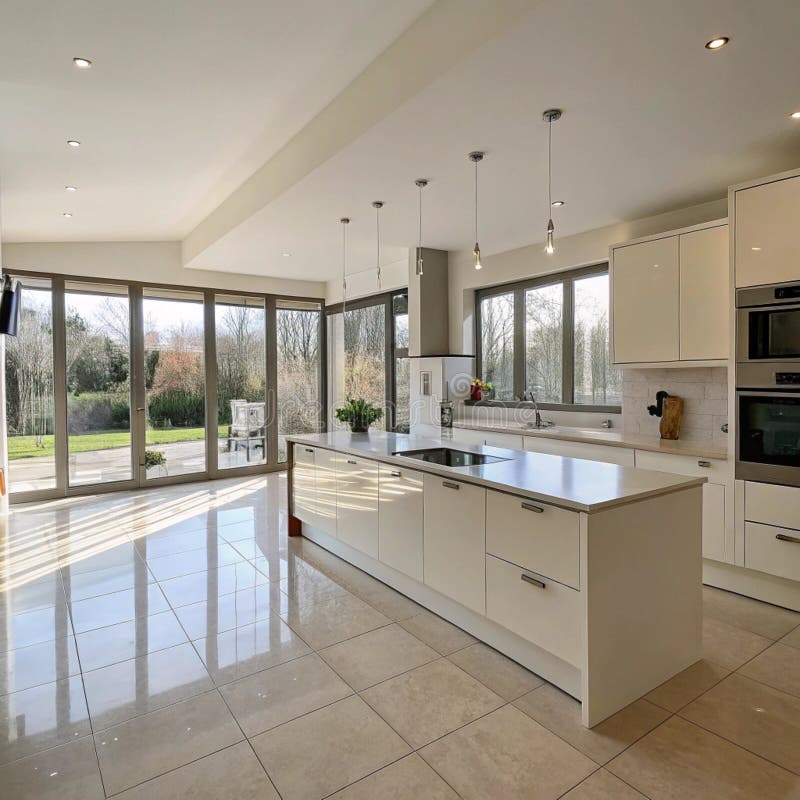 Interior of Spacious Kitchen with White Counter and Cabinets in Modern ...