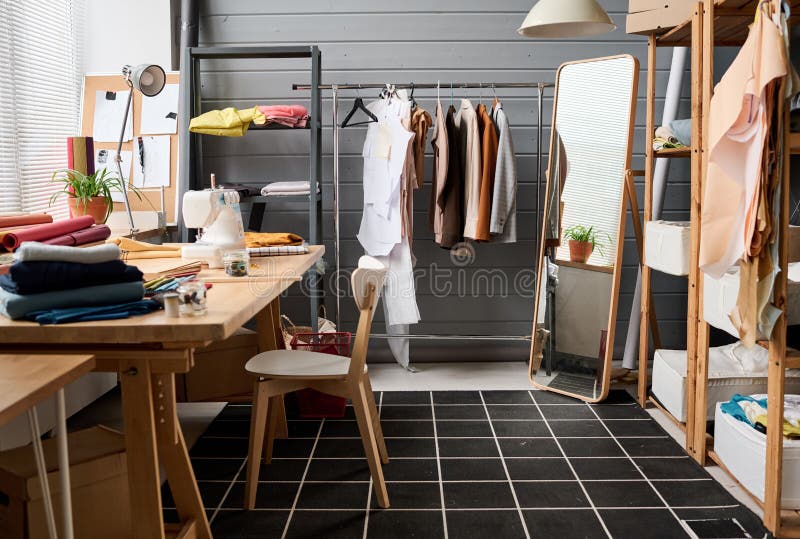 Interior of Spacious Workshop of Modern Fashion Designer with Workplace ...