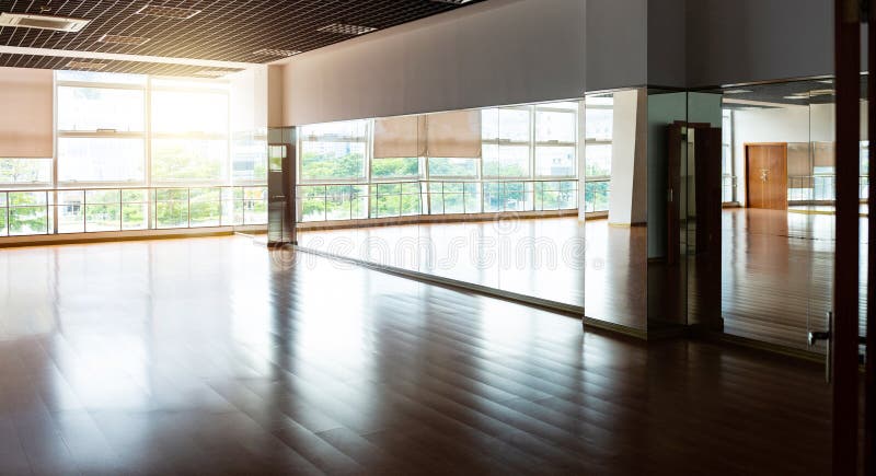 Sport and Dancing Hall with Hardwood Floor and Mirror Stock Photo ...