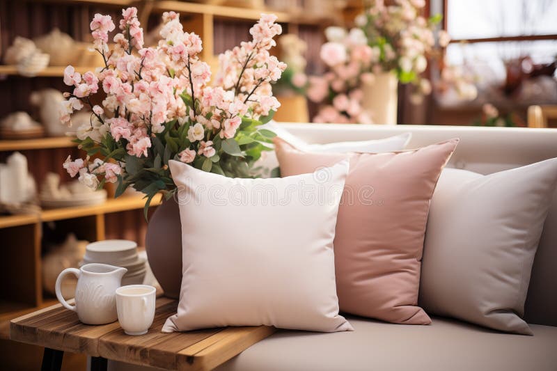 Interior Square Throw Pillows Mockup on Sofa in a Living Room Decorated ...