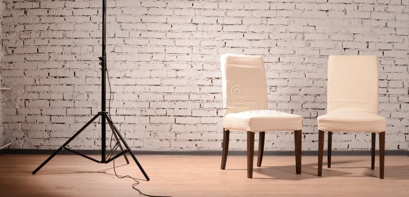 Interior of Studio with Chairs and Brick Wall Stock Image - Image of ...