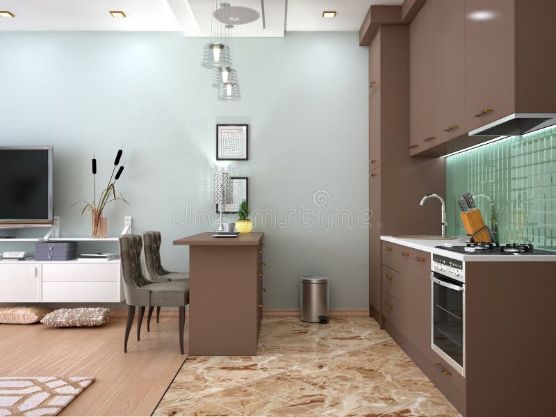 Interior Studio Living Room with Kitchen Stock Illustration ...