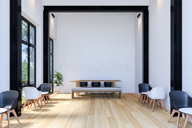 Interior of Stylish Cafe with Long Table, 3D Rendering Stock ...