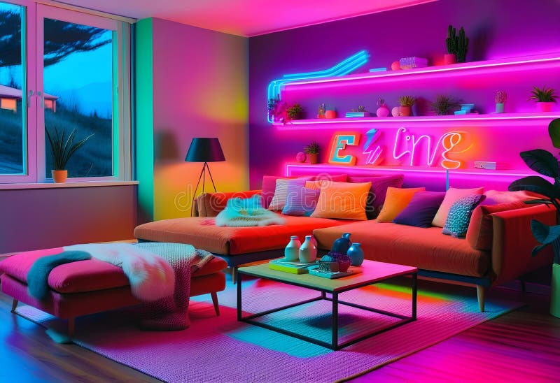 Interior of Stylish Living Room with Neon Lighting Stock Illustration ...