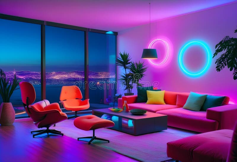Interior of Stylish Living Room with Neon Lighting Stock Illustration ...