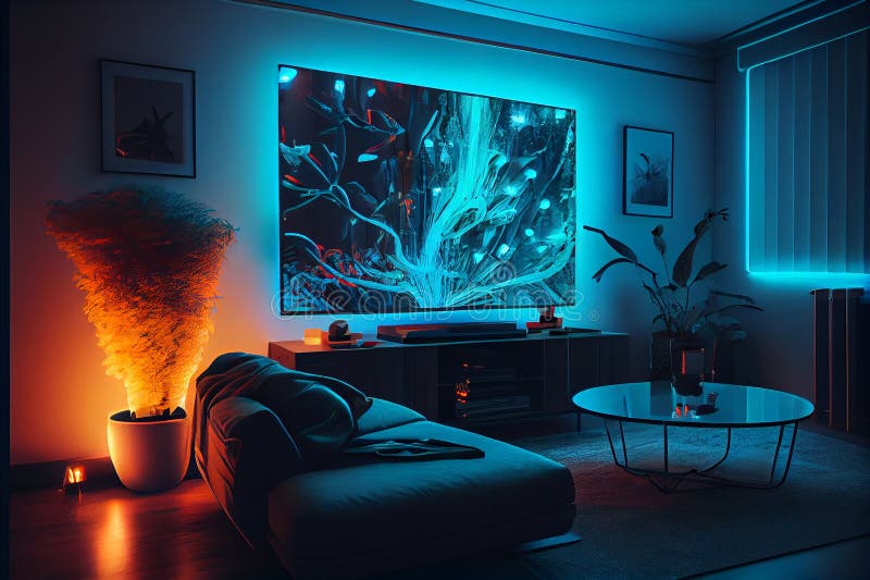 Interior of Stylish Living Room with Neon Lighting Stock Image - Image ...
