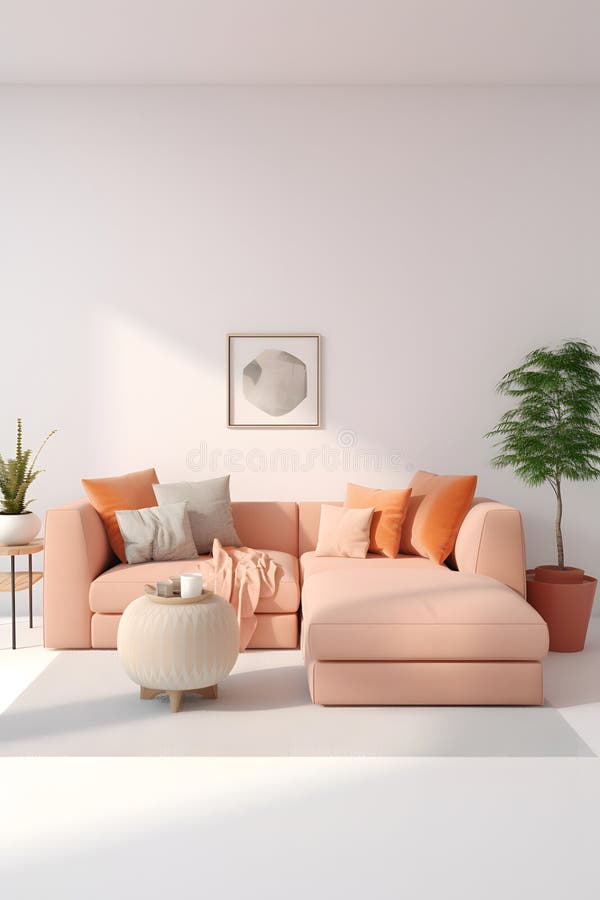 Interior of Stylish Living Room with Peach Colored Sofa Stock ...