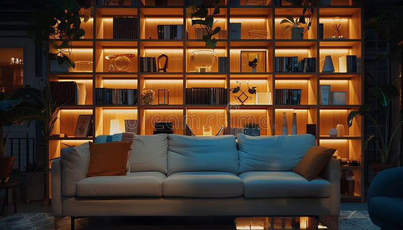 Interior of Stylish Living Room with Sofa and Shelving Unit at Night ...