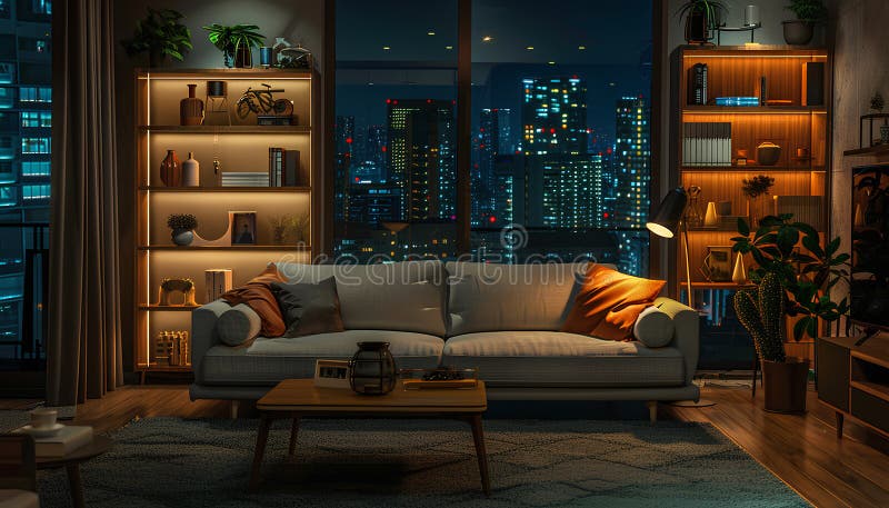 Interior of Stylish Living Room with Sofa and Shelving Unit at Night ...