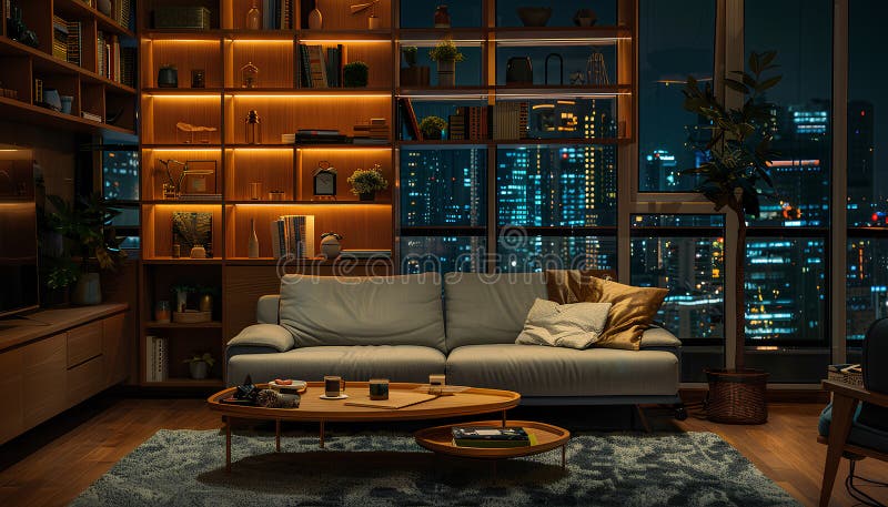 Interior of Stylish Living Room with Sofa and Shelving Unit at Night ...
