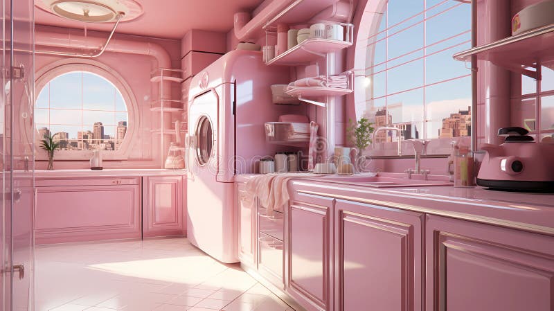 Interior of a Stylish Modern Kitchen in Pink Tones. AI Generated. Stock ...