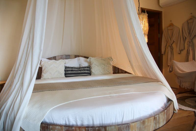 Interior of Stylish Room with Comfortable Round Bed and Canopy Stock ...