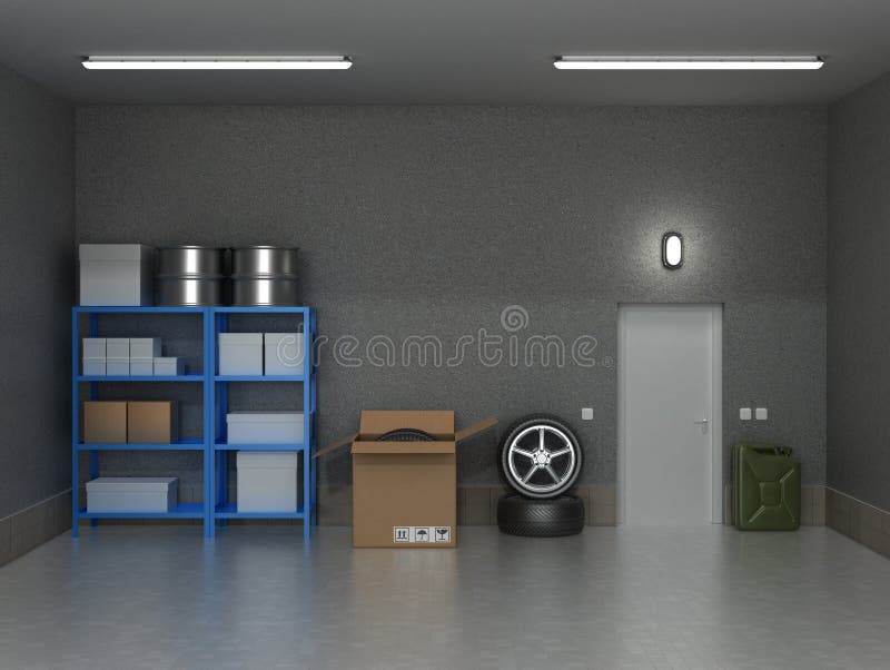 The Interior Suburban Garage with Wheels Stock Image - Image of shelves ...