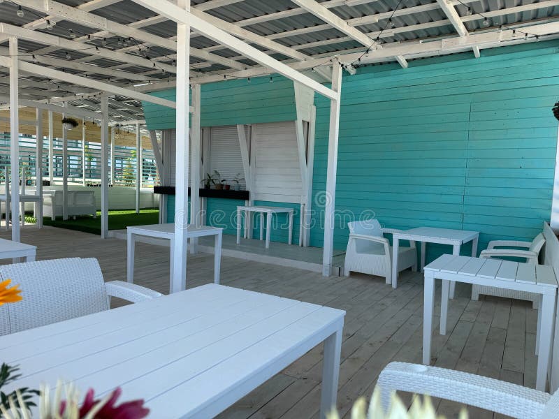 Interior of a Summer Wooden Restaurant with Tables without People Stock ...