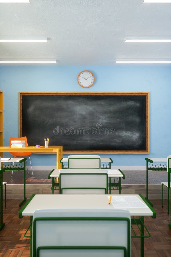 Interior of Sunlit Classroom with Chalkboard. 3d Render Stock ...