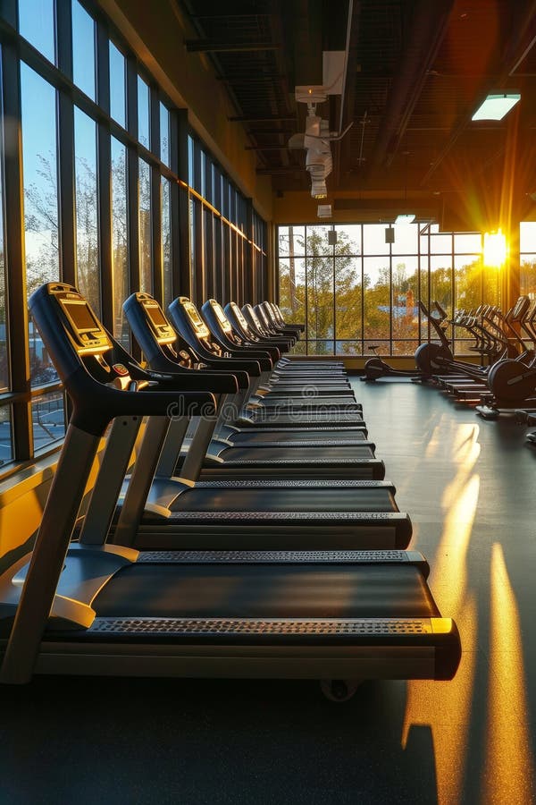 The Interior of a Sunlit Gym Featuring Rows of Treadmills Facing a ...