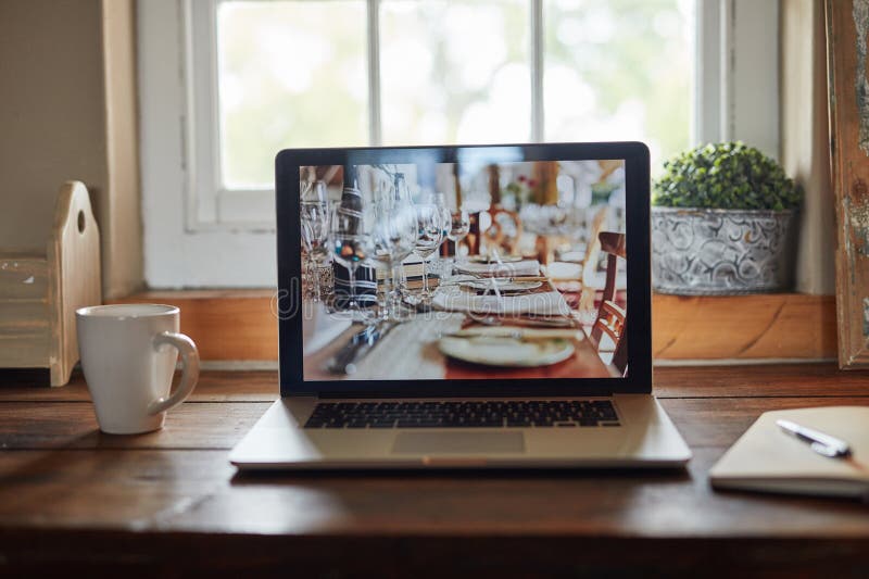 Interior, Table and Online Video on Screen with Laptop for Work Break ...