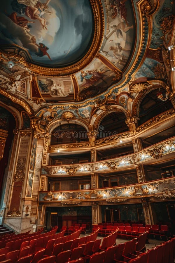 Interior of a Theater with Red Seats and a Painted Ceiling. Suitable ...