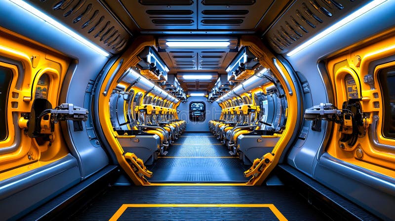 A View of the Inside of a Space Station with Yellow Seats Stock Photo ...