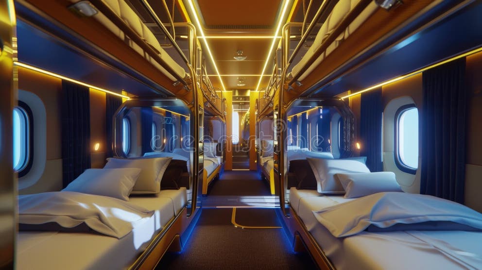 Interior of a Train Carriage with Two Beds and Luggage Racks Stock ...