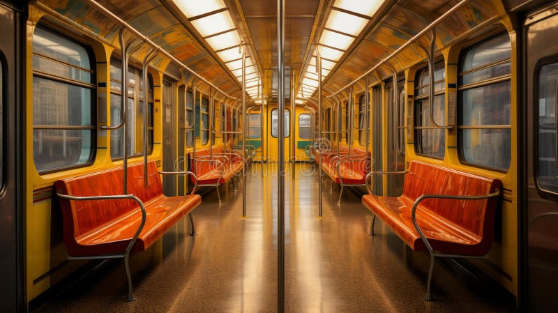Interior of a Train with Orange Seats in a Yellow and Brown Stock ...