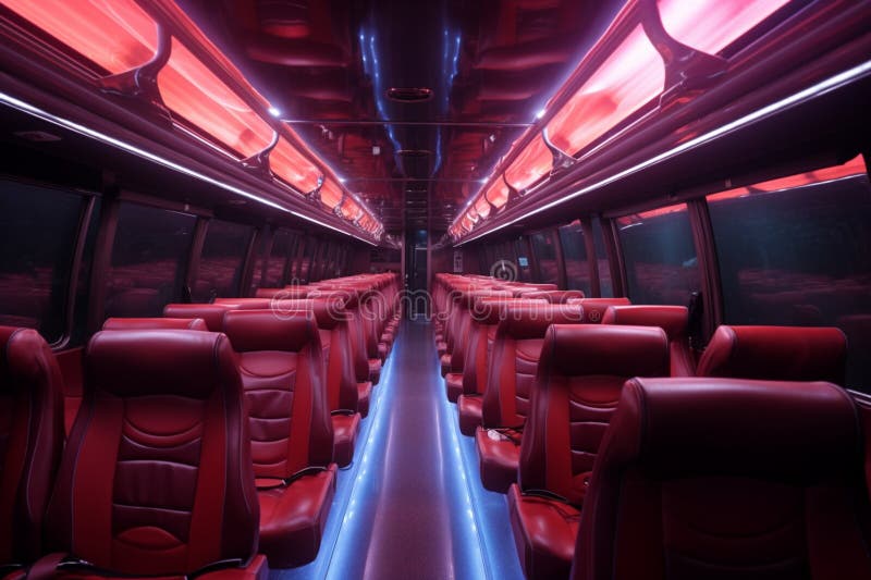 The Interior of a Travel Bus Glows in Deep Red with Interior Lighting ...