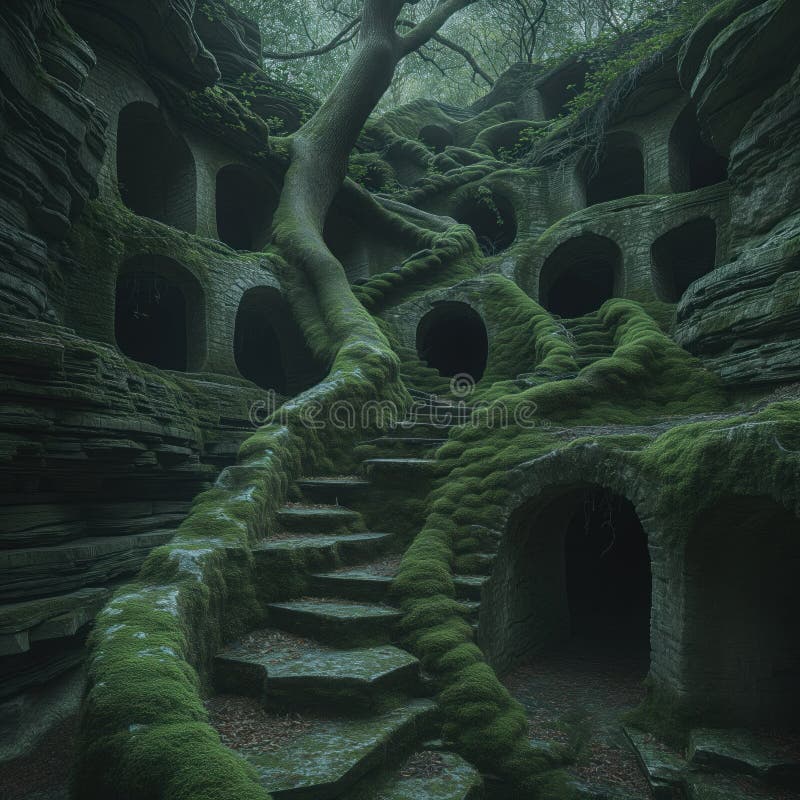 Interior of a Tree Surrounded by a Stone Building Stock Illustration ...