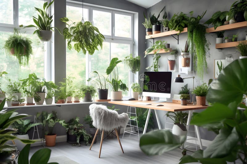 Interior of Trendy Workspace with Plants and Minimalist Decor in Green ...