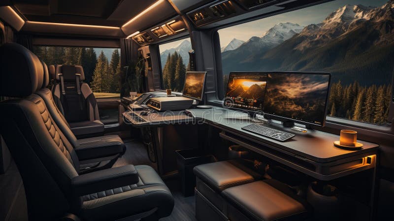 Interior of a Truck with a Desk and Monitors. Generative AI. Stock ...