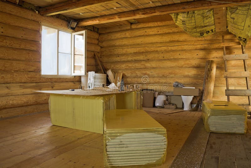 The Interior is an Unfinished Log Home Stock Image - Image of wooden ...
