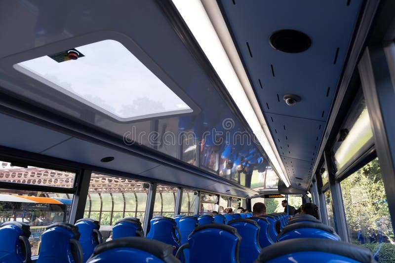 Interior of the Upper Deck in a Modern Double-decker Bus with Ceiling ...