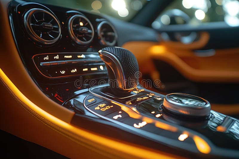 Luxury Car Interior Details: Illuminated Gear Shift and Control Panel ...