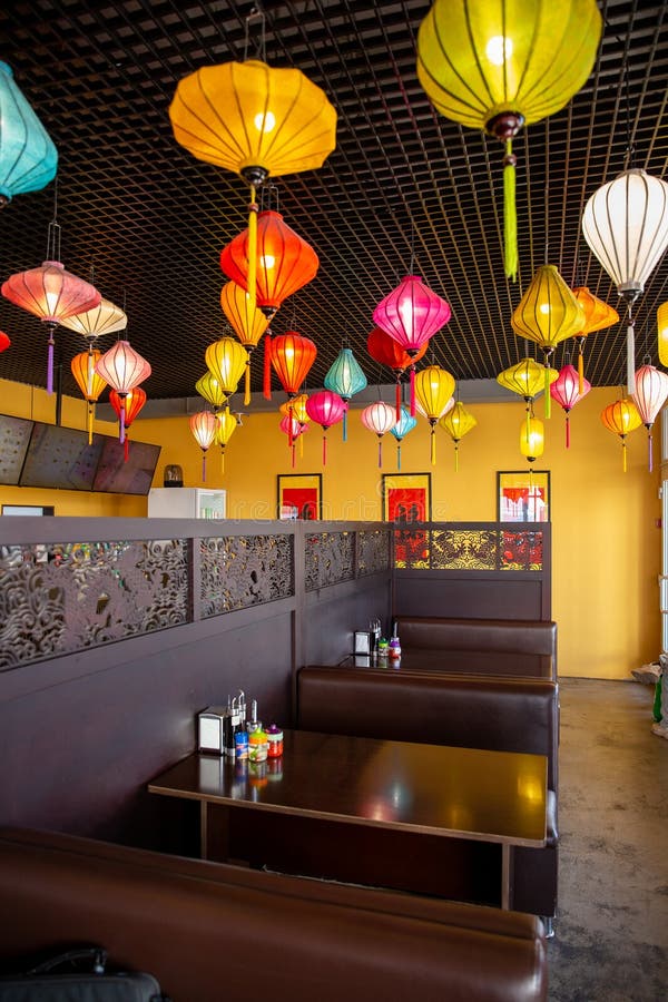 Interior of Vietnamese Cafe with Traditional Vietnamese Lantern Lamps ...