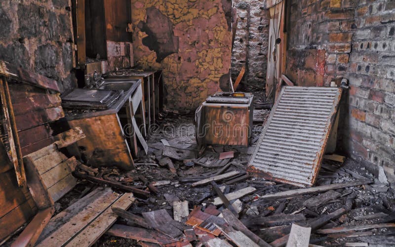Interior View of an Abandoned Building Kitchen with Broken Down Walls ...