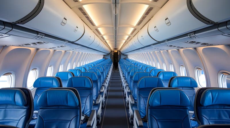 Airplane Cabin Interior with Blue Seats and Overhead Compartments Stock ...