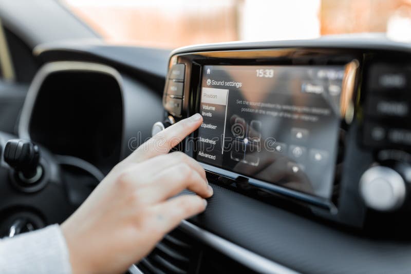 Interior View of Brand New Car. Driver Adjust Car S Language on the ...