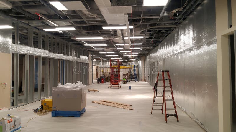An Interior View of a Building Under Construction, Featuring Ladders ...
