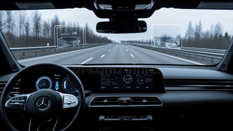 View from Inside Car Showing Dashboard and Road with Augmented Reality ...