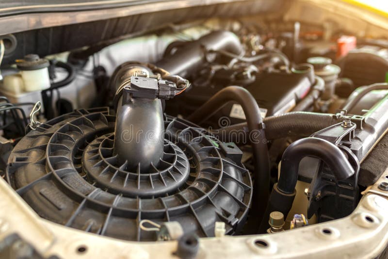 Interior View of Car Engine Including Air Filter, Polished Filter and ...