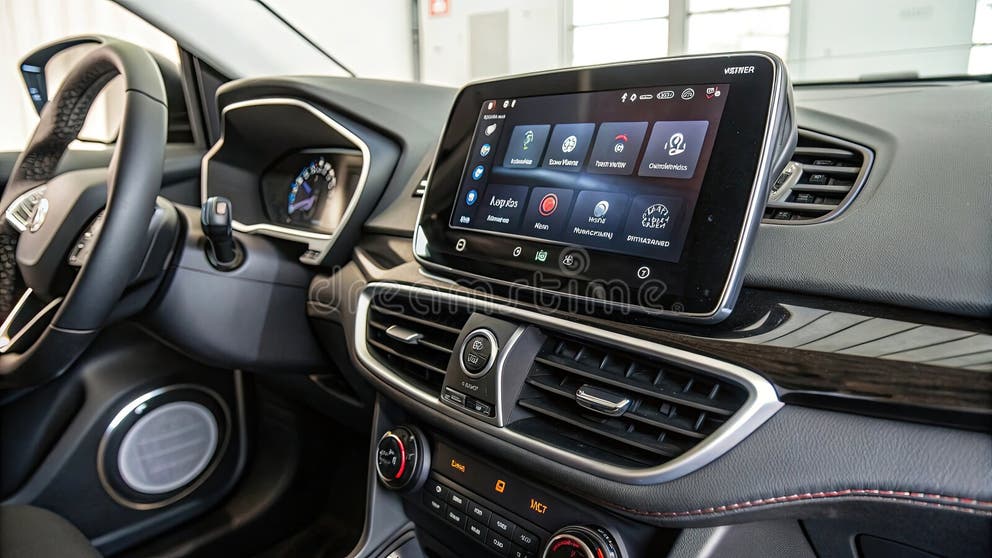 Interior View of a Car Featuring a Modern Touch Screen Display on the ...