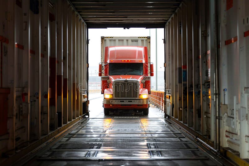 Interior View of a Cargo Trailer with a Red Container Truck Visible ...