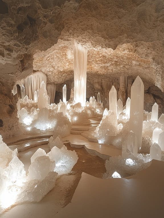Interior View of a Cave Filled with Large Translucent Crystals and Rock ...