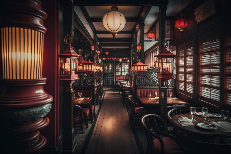 Interior View of a Chinese Restaurant with Tables and Chairs. Vintage ...