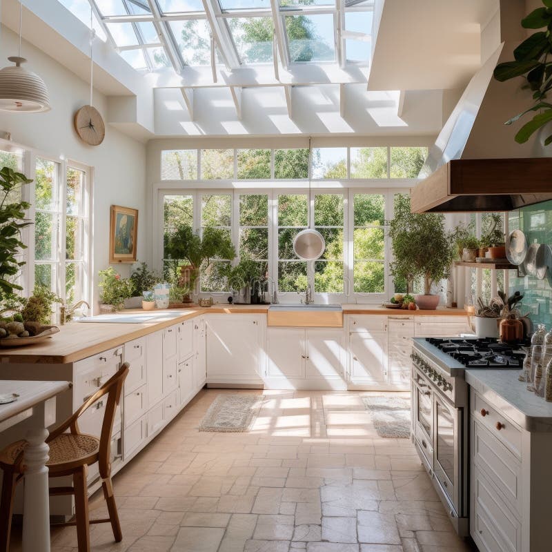 Interior View of a Classic White Kitchen, with Big Glass Windows and ...